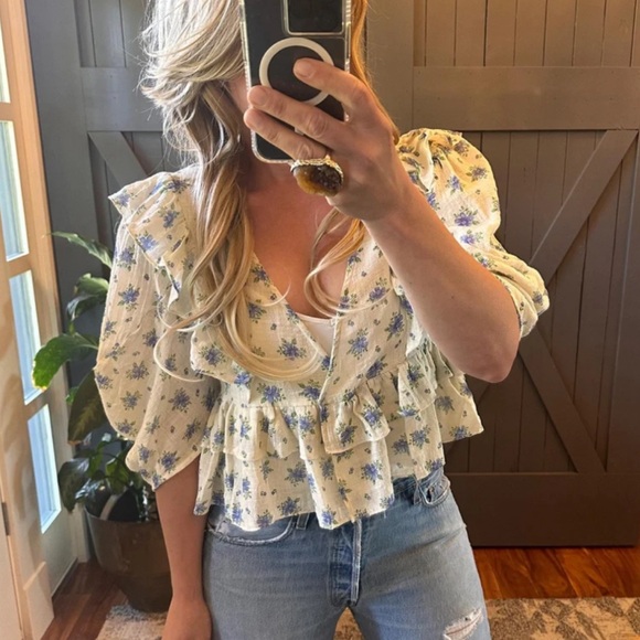 Shop Fig | Tops | New Cottage Rose Blue Floral Cotton Gauze Blouse Feminine Ruffled Crop Top ...